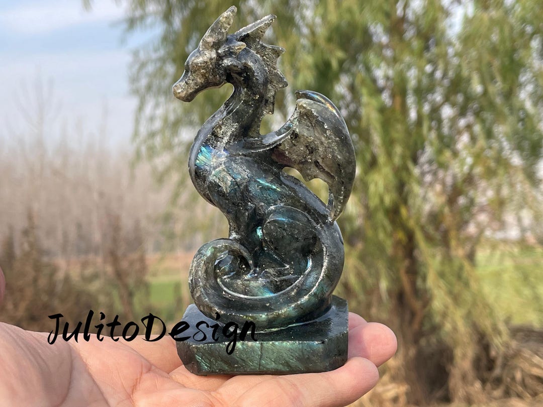 Hand Carved Labradorite Quartz Dragon Skull: Natural Crystal Sculpture ...