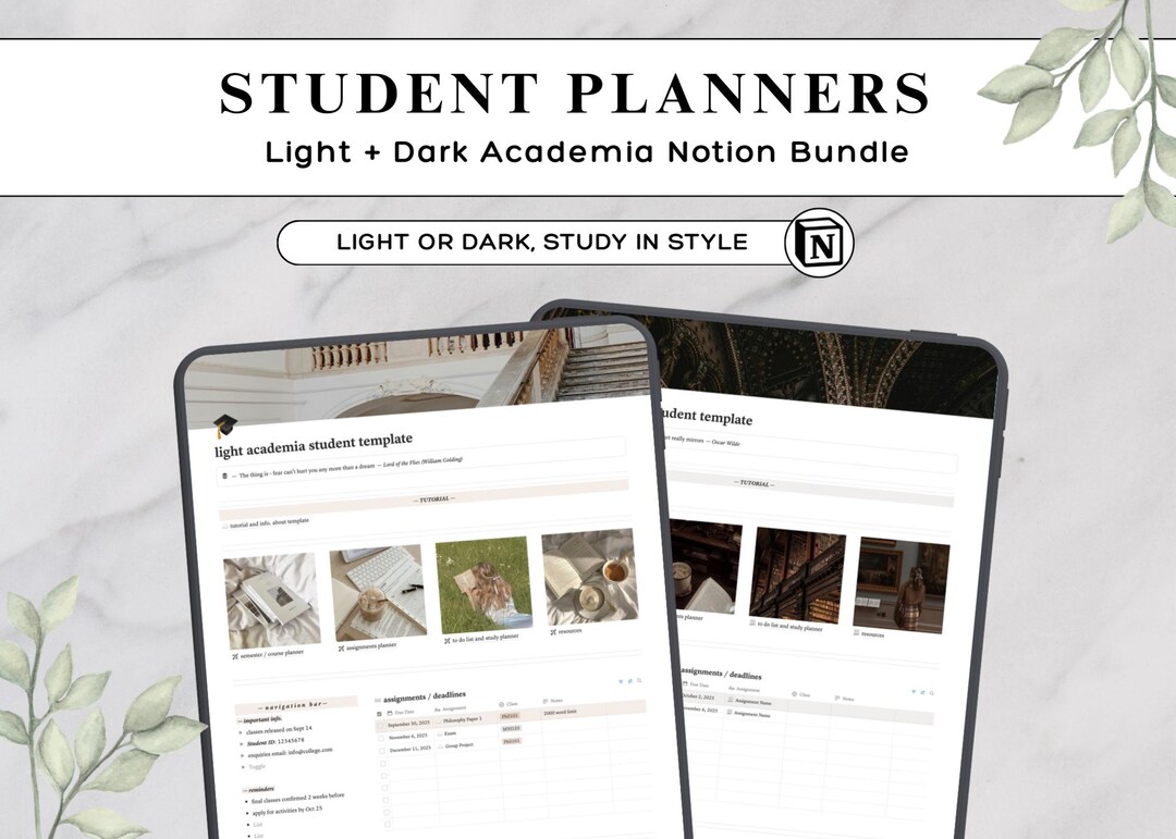 Light and Dark Notion Template Bundle | Student Planner Dashboards ...