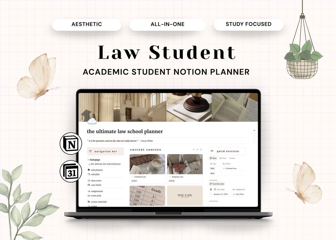 Law Student Light Academia Notion Template | Aesthetic Notion Template ...