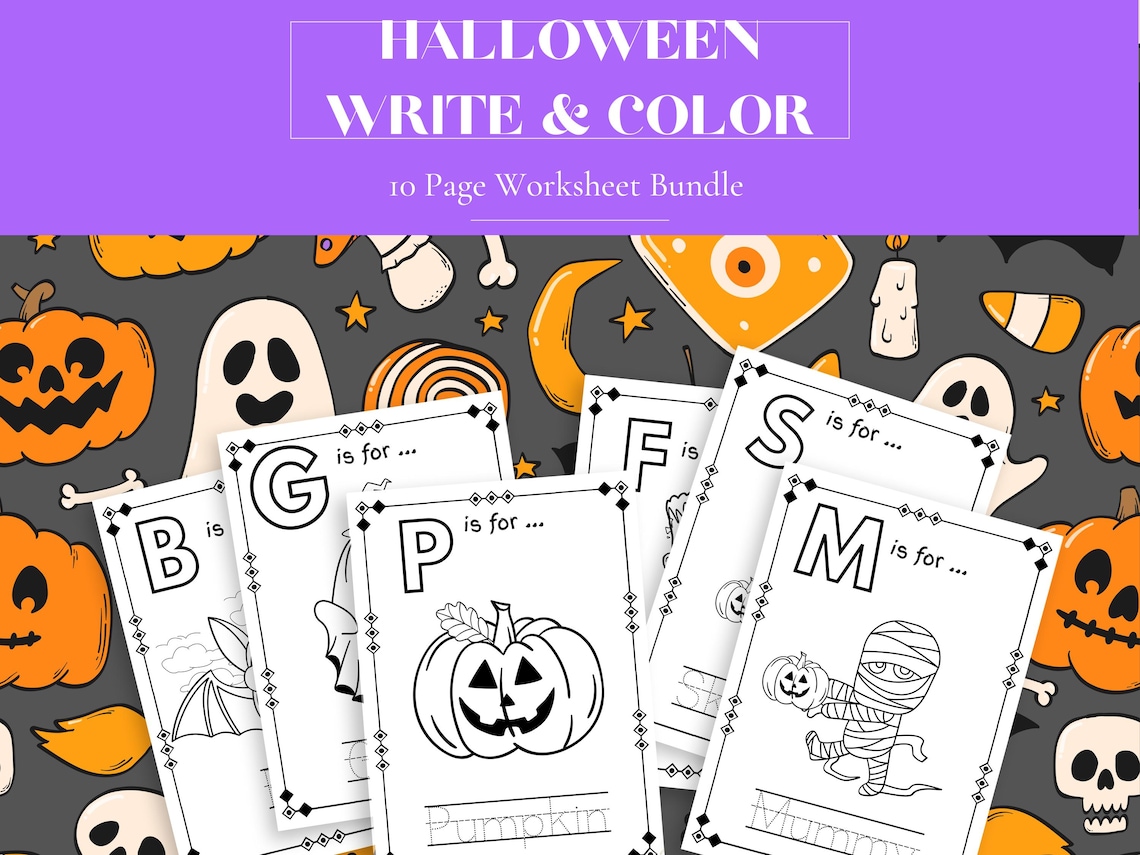 Halloween Writing Practice: Pre-k Coloring Pages (10 Page PDF Bundle ...