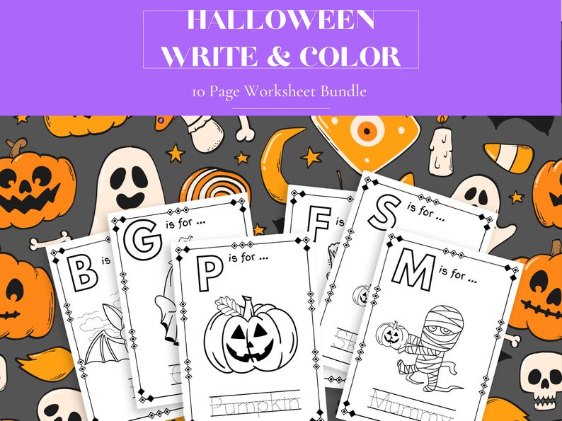 Halloween Writing Practice: Pre-k Coloring Pages (10 Page PDF Bundle ...
