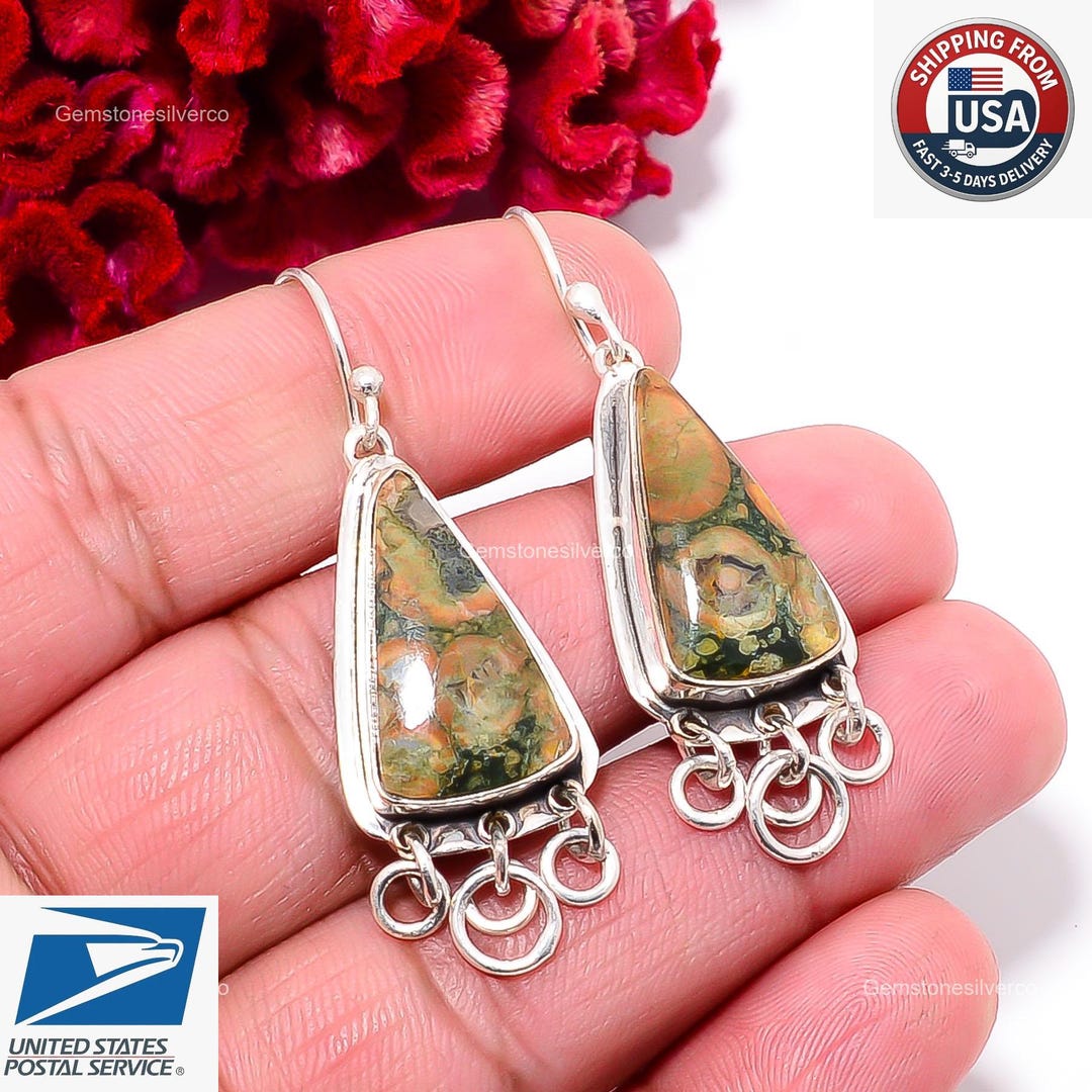 Rainforest Jasper Dangle Earrings 925 Sterling Silver Green Stone ...