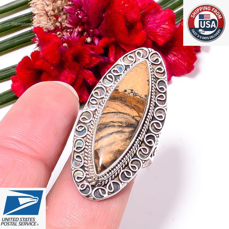 Picture Jasper Designer Ring 925 Sterling Silver Brown Stone Jewelry - Etsy
