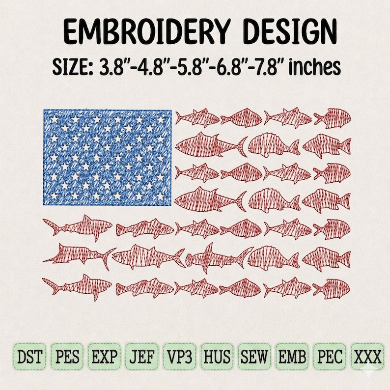 American Fishing Flag Embroidery, Sketch Fill American Flag Embroidery ...