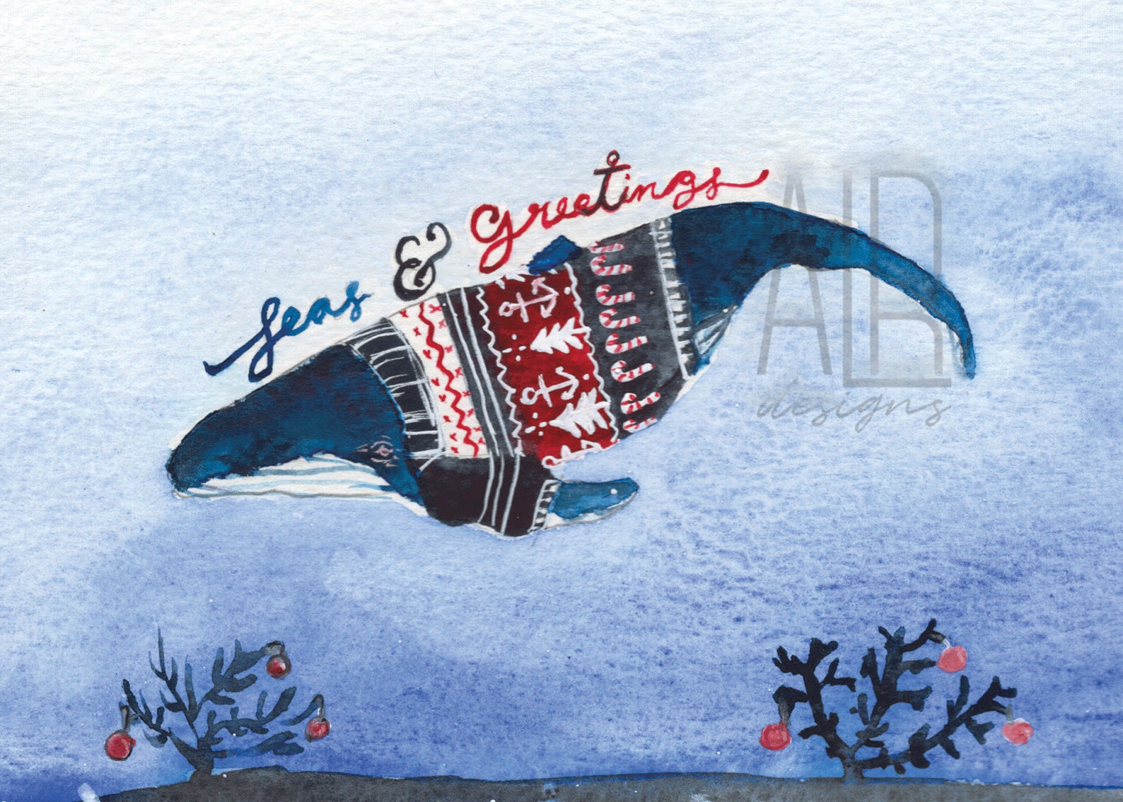 Whale Christmas Sweater Greeting Card Nautical Art Cute - Etsy