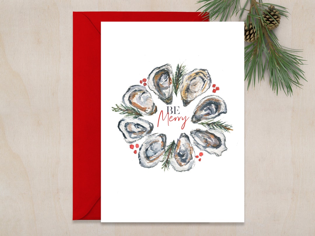 Merry Oyster Wreath 5x7 in Greeting Card, Beachy Christmas Cards ...