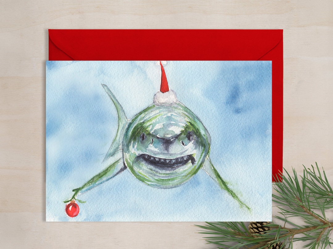 Grinch Shark 5x7 in Greeting Card, Shark Christmas Cards, Nautical ...