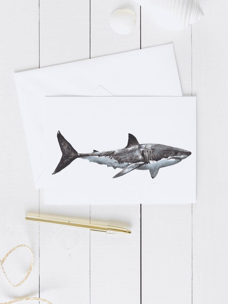 Watercolor Shark Card! Folded 5x7 in Blank Greeting Card, Shark Art ...