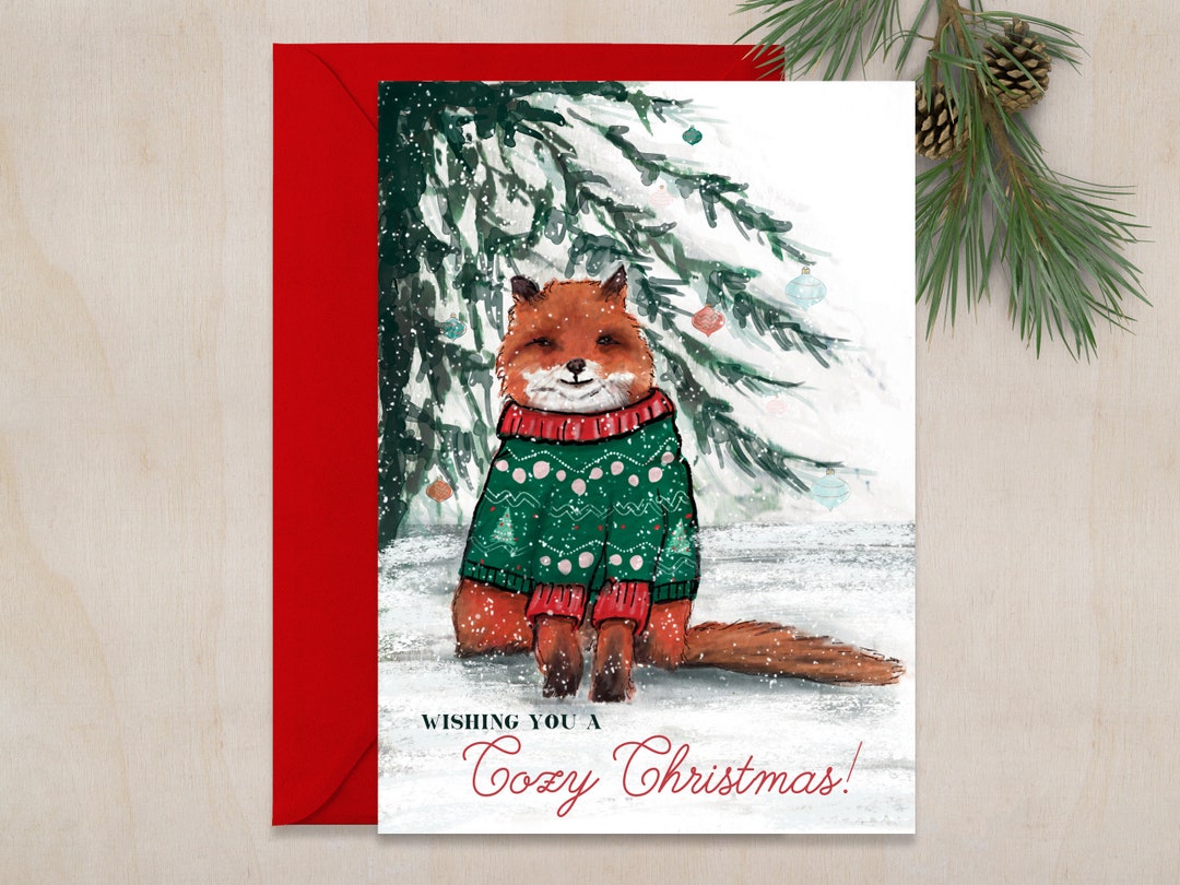 Cozy Christmas Fox Greeting Card, Animal Christmas, Cute Holiday Card ...