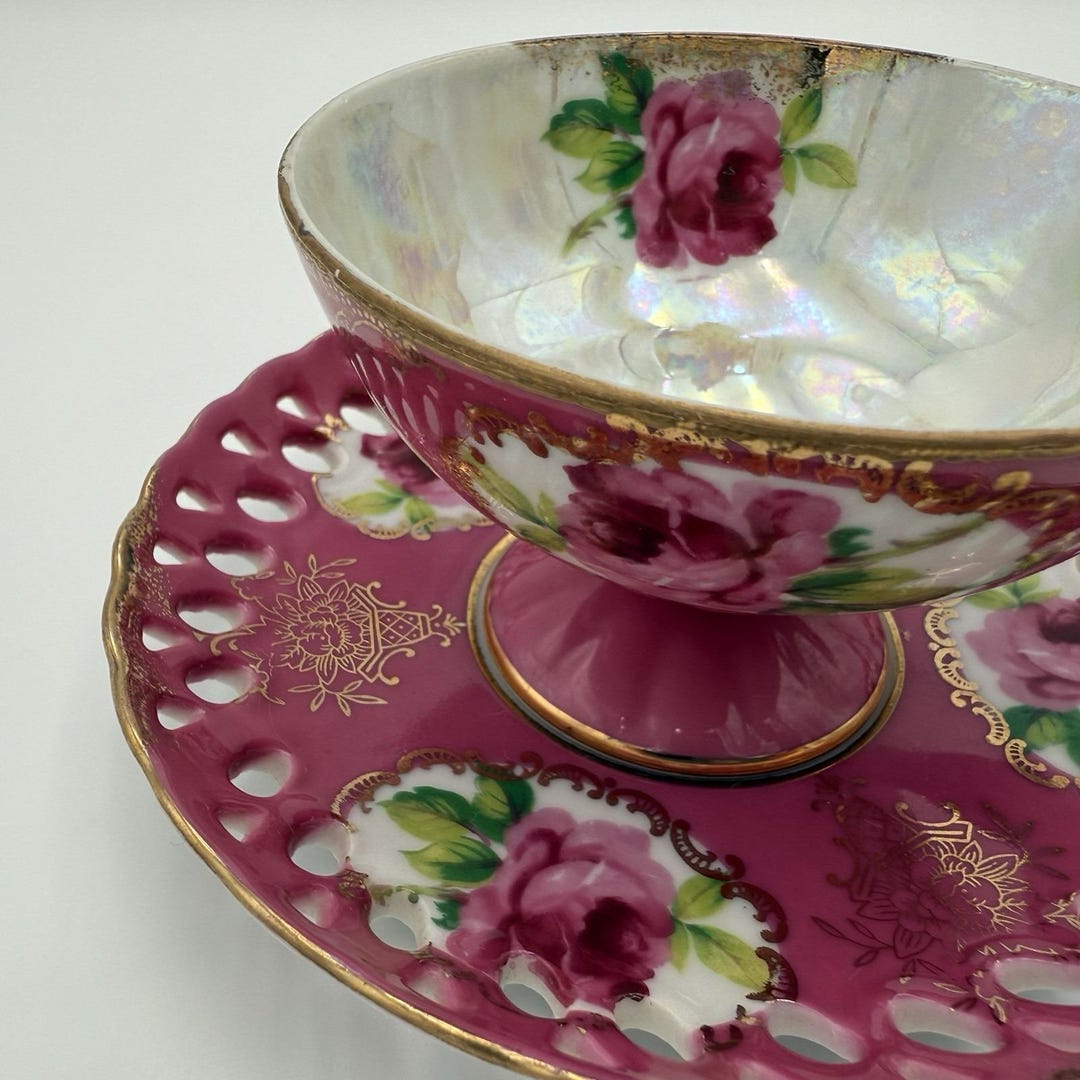 Vintage Lefton China Hand Painted Tea Cup and Saucer Flowers Rose ...