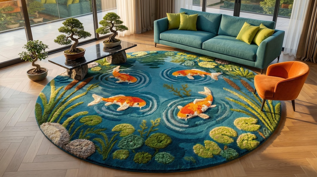 Hand Tufted Wool Rug – Koi Fish Pond Shape Rug 2x3 8x10 Area Rug for ...