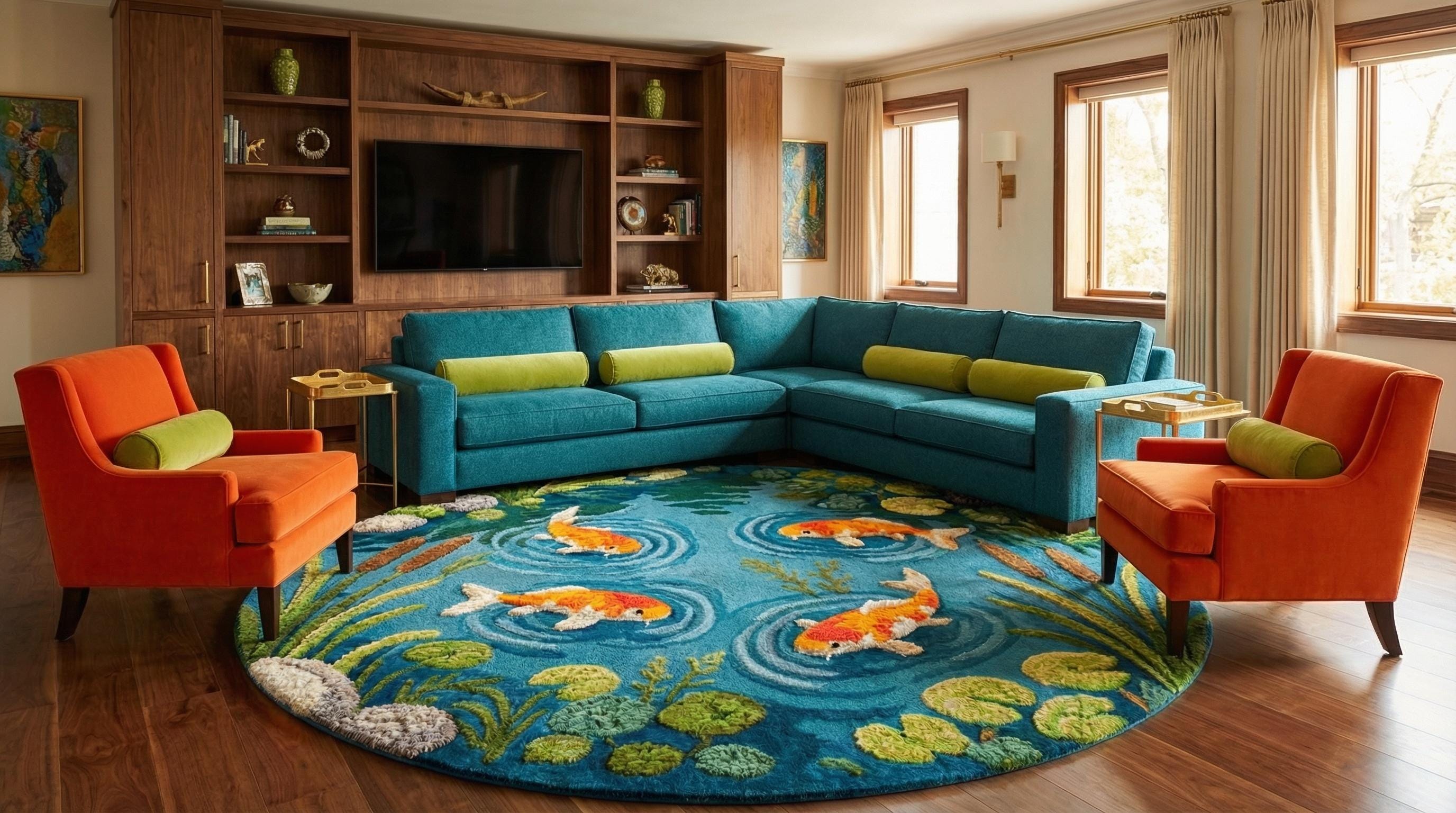 Hand Tufted Wool Rug – Koi Fish Pond Shape Rug 2x3 8x10 Area Rug for ...