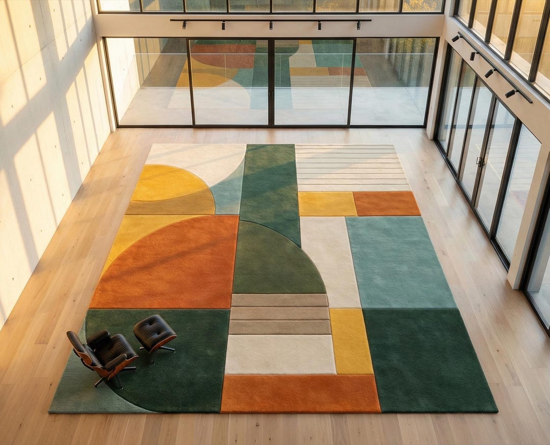 Mid-century Modern Geometric Wool Rug – Retro Abstract Green & Orange ...