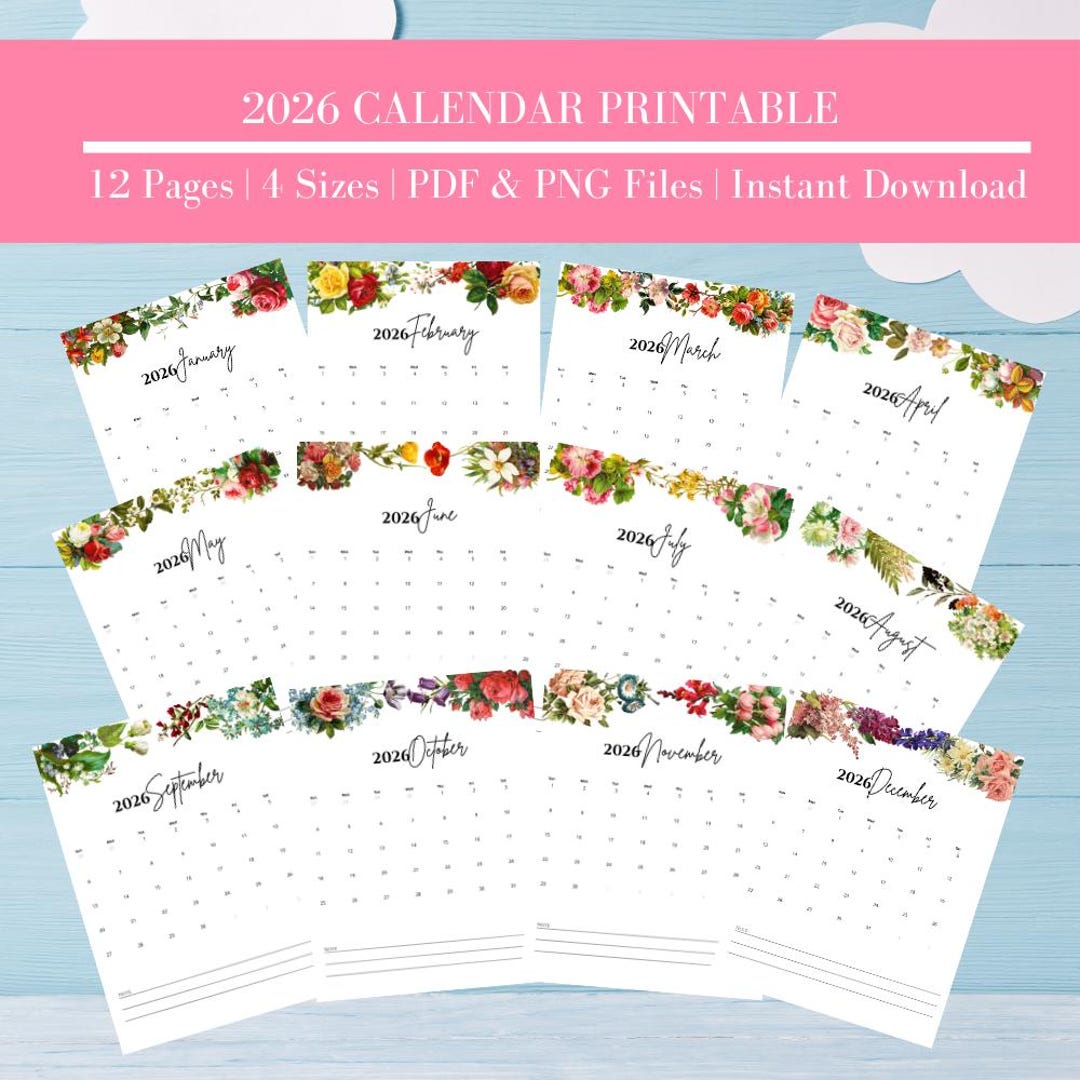 2026 Floral Watercolor Calendar: Vintage Botanical Wall Art (PDF & PNG ...