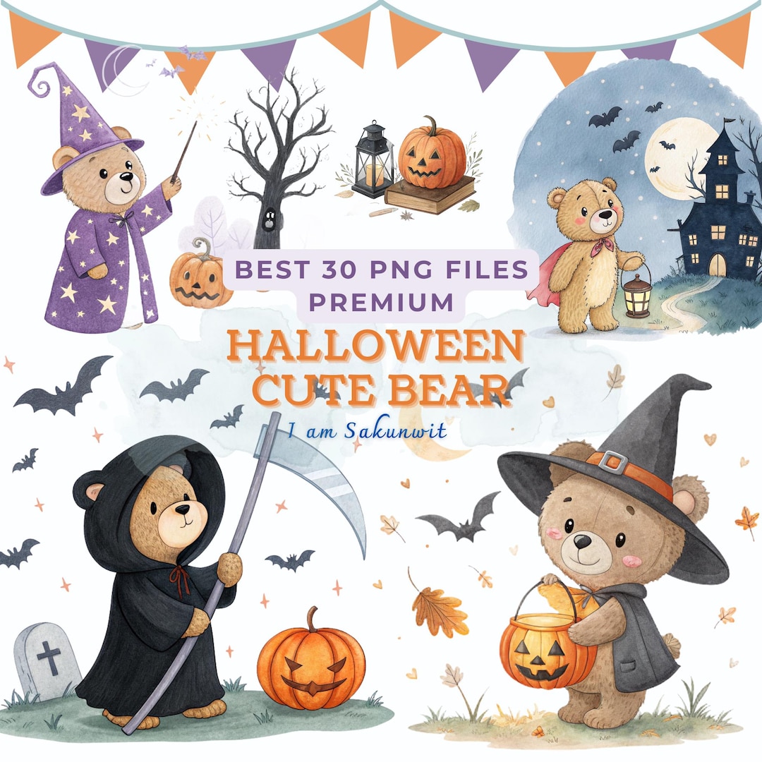 Halloween Teddy Bear Clipart | Watercolor PNG Bundle (digital Download ...