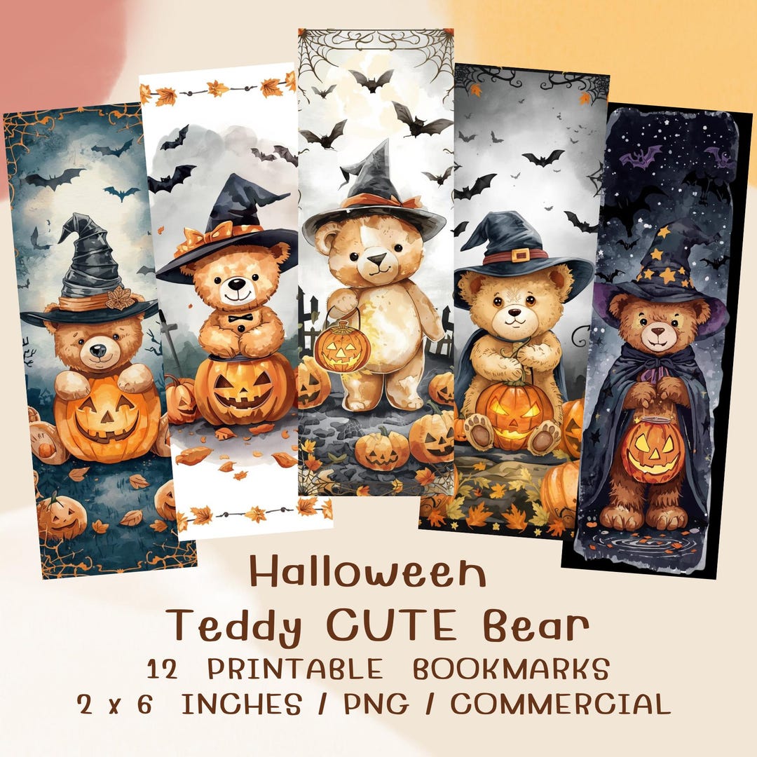 Halloween Teddy Bear Bookmarks | Witch Clipart, 12 PNG (digital ...