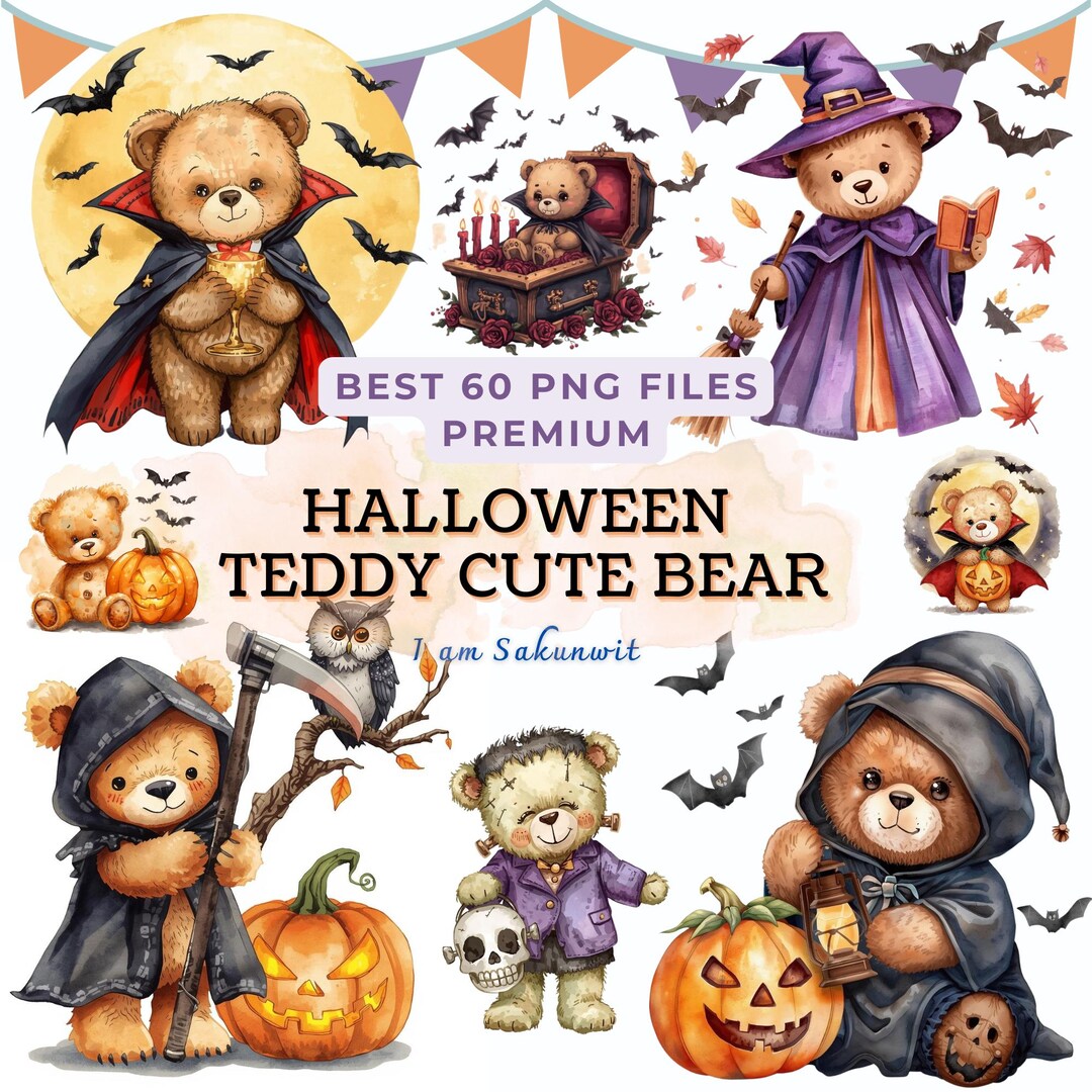 60 Halloween Teddy Bear Clipart PNG | Cute Pumpkin Bear Bundle | Spooky ...