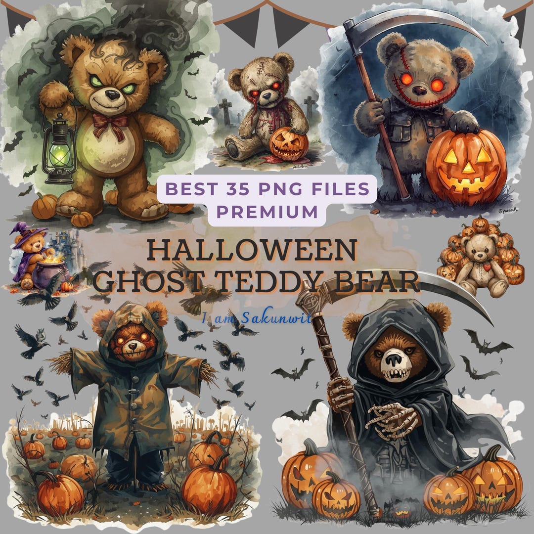 35 Halloween Ghost Teddy Bear Clipart PNG | Creepy Cute Bear Bundle ...