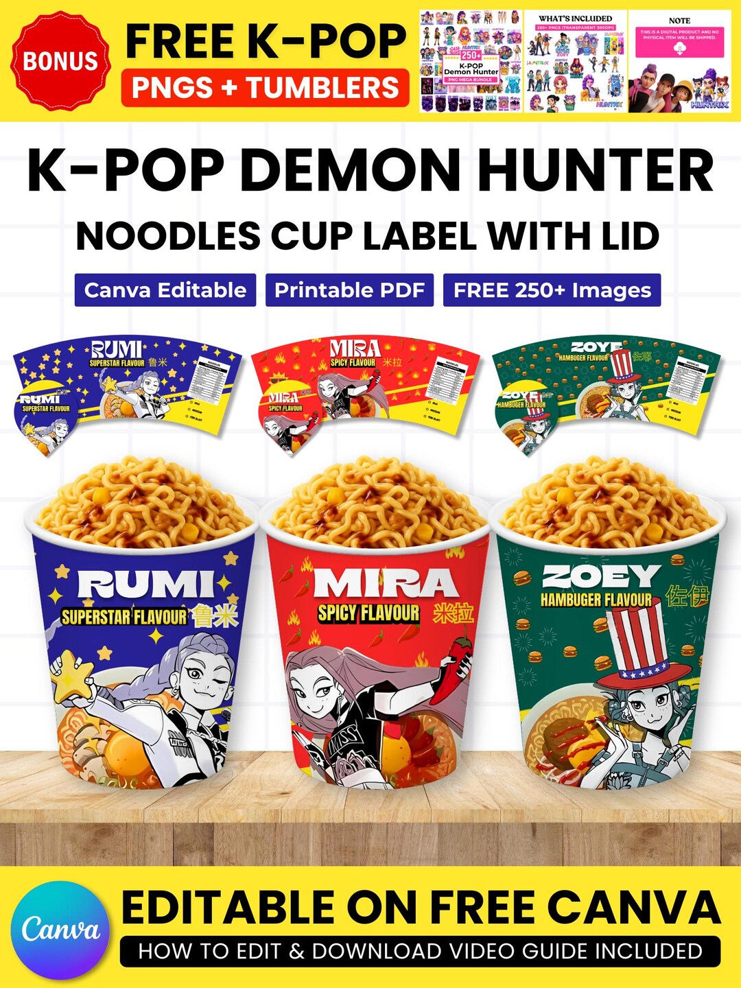 K-pop Demon Hunter Noodles Cup Label | Canva Editable Favor | Gamer ...