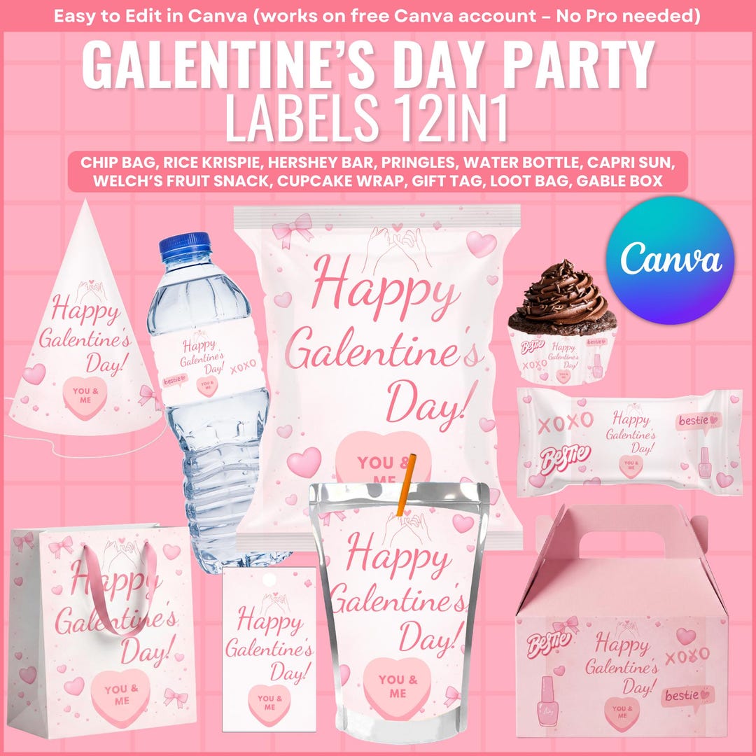 Galentine’s Day Party Favors Bundle, 12 Editable Canva Labels, Pink ...