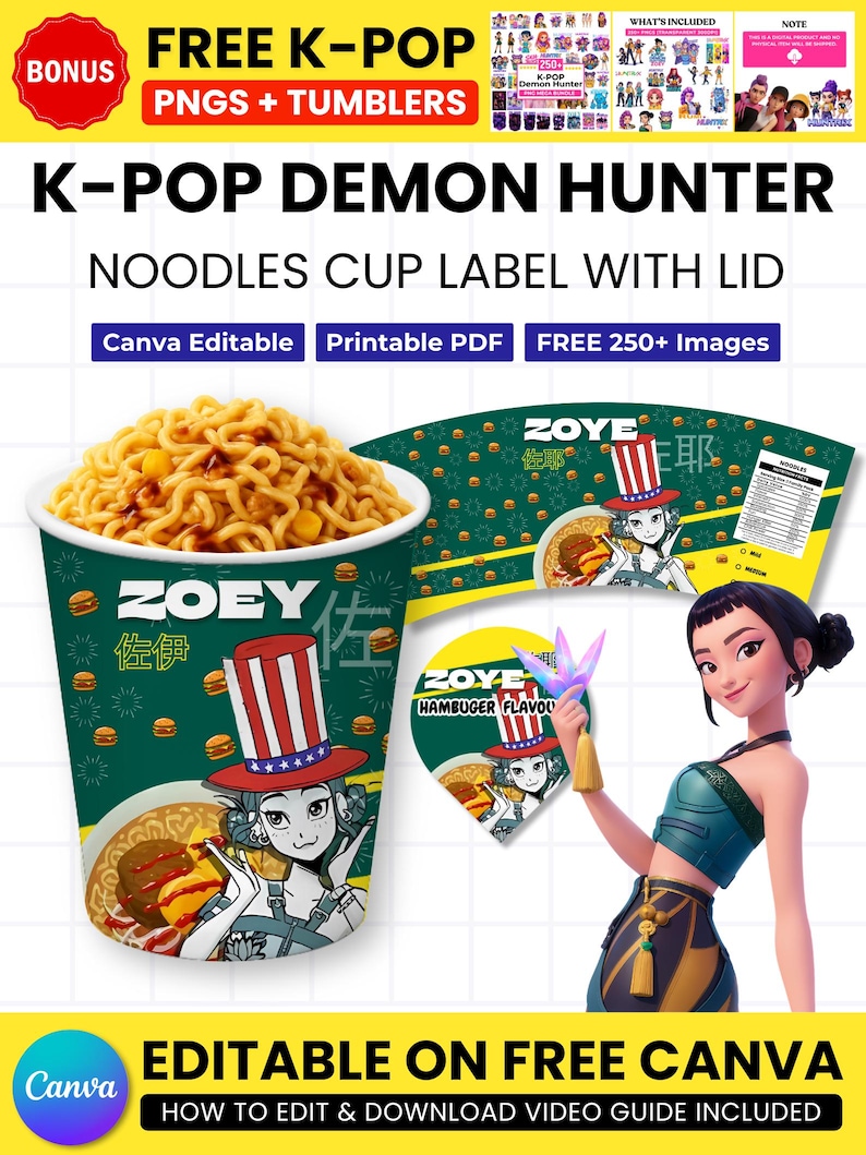 Canva Editable K Pop Demon Hunter, Kpop Demons Hunter Printable, Rumi, Mira, Zoey Cup Noodle ...