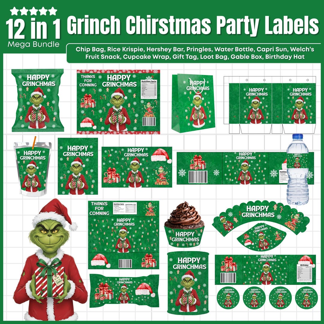 Grinch Birthday Party Favors Template, Editable Bundle, Chipbag ...