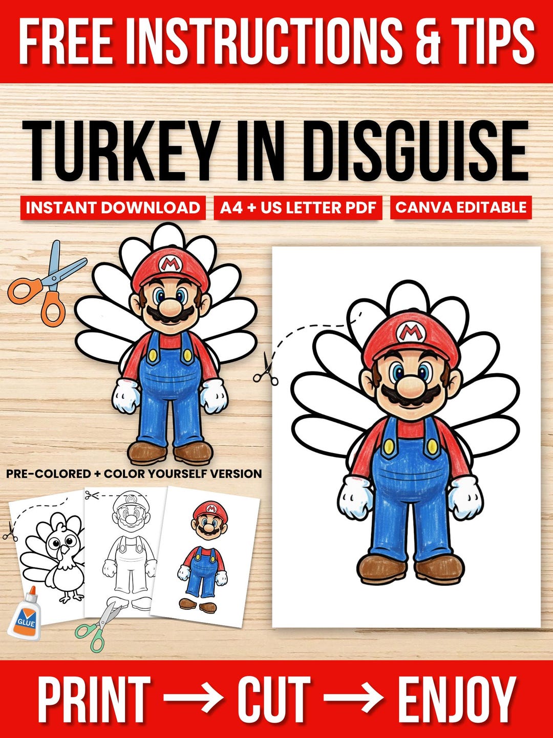Mario Turkey Disguise Printable, Thanksgiving Kids Craft, Cut and Glue ...