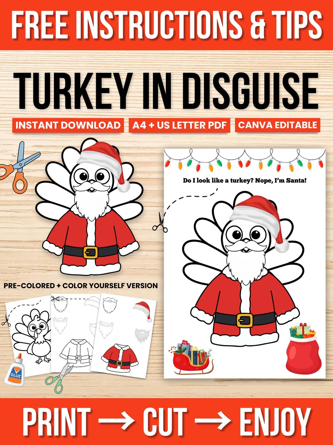 Santa Turkey in Disguise PDF, Printable Thanksgiving Craft, Christmas ...