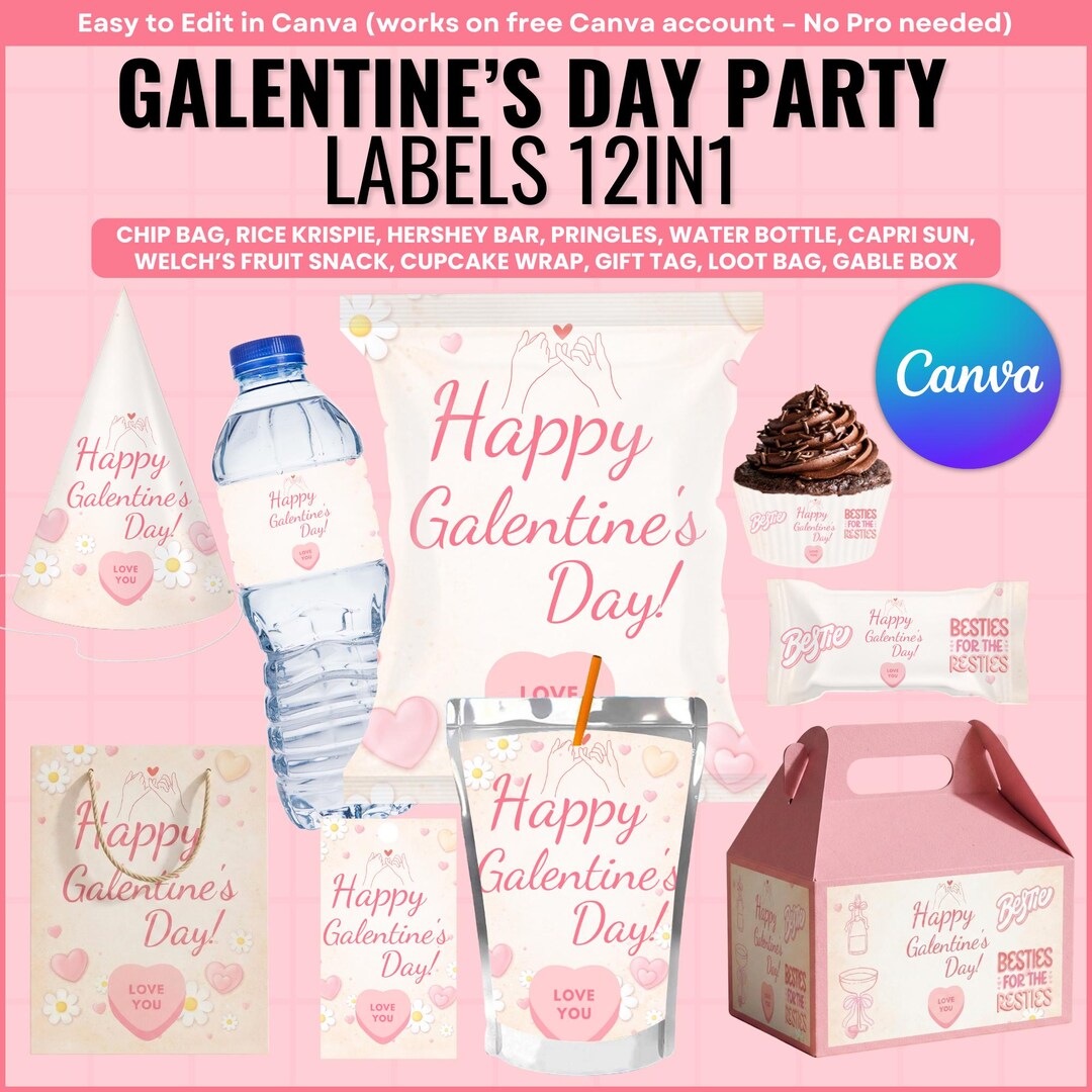 Galentine’s Day Party Favors Bundle, 12 Editable Canva Labels, Pink ...