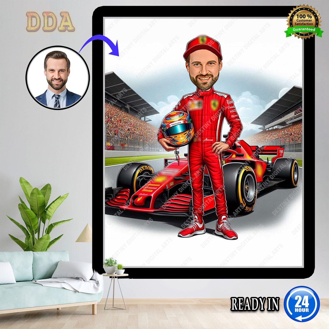 Custom Male Formula 1 Caricature, Cartoon Portrait From Photo, Ferrari ...