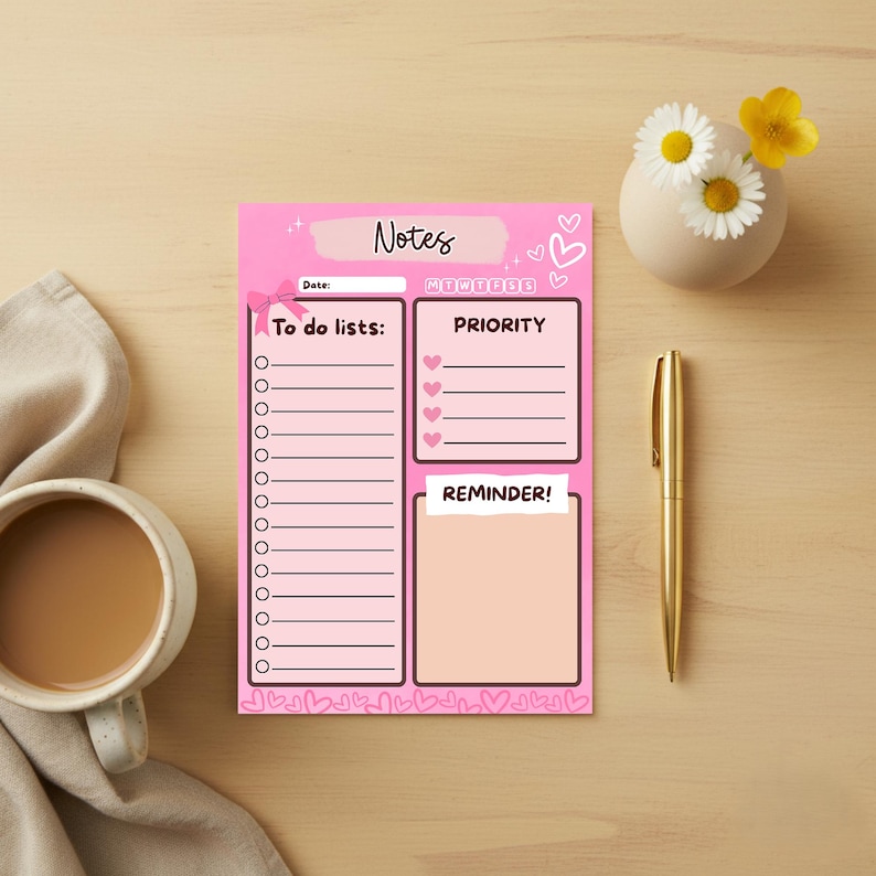 Pink Notepad | A5 Printable Notepad | To-do List | Daily Planner Sheet ...