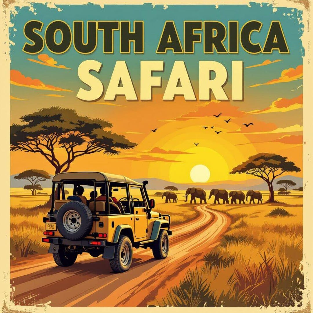 South Africa Safari Travel Poster | Vintage Wildlife Art (digital ...
