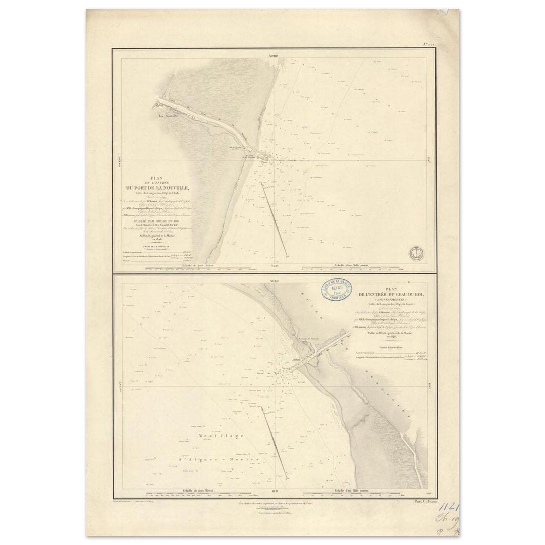 1847 Antique Map of Aigues-mortes & Port-la-nouvelle – French Nautical ...