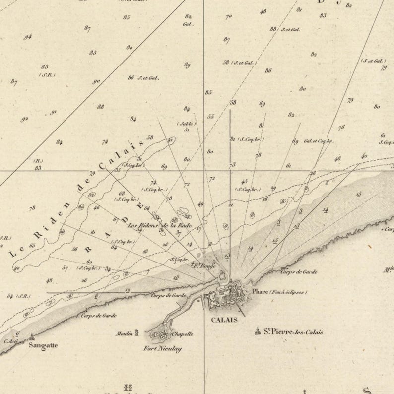 Antique French Flanders Nautical Chart Print, Calais, Dunkirk, Belgian ...