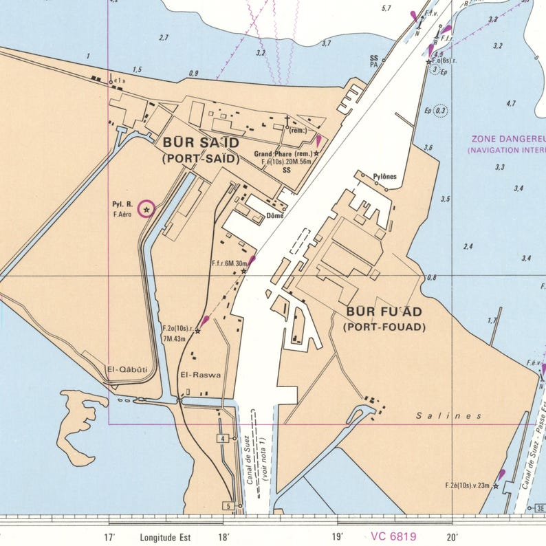 1950s Vintage Map Port Said – Suez Canal Entrance – Color Nautical ...