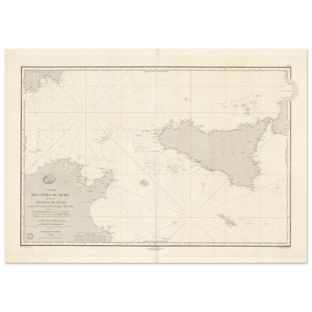 1840 Antique Map Sicily & Tunisia – Strait of Sicily – General Chart ...