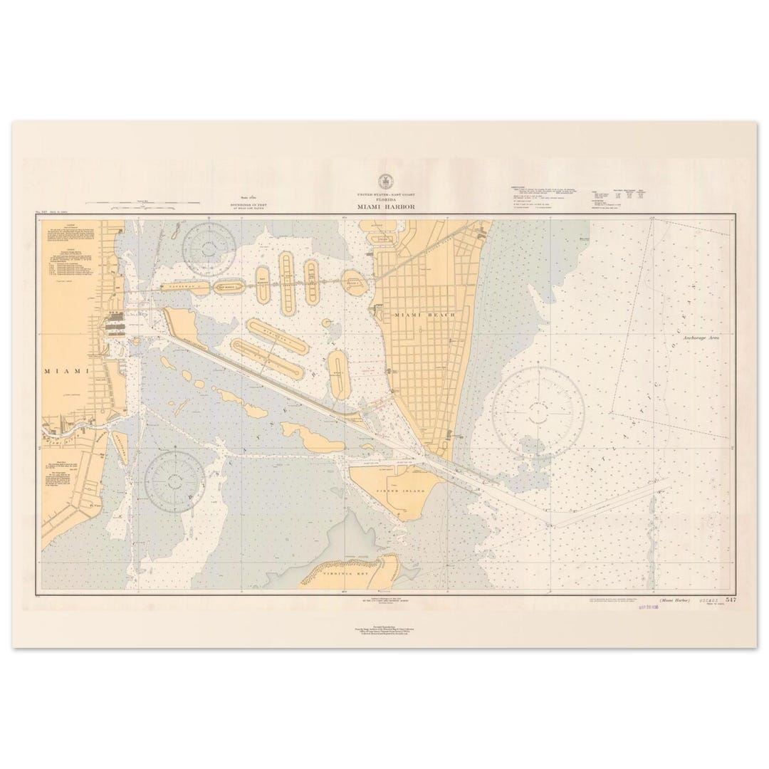 Vintage Nautical Chart of Miami Harbor (florida, Ca. 1936) – Large Wall ...
