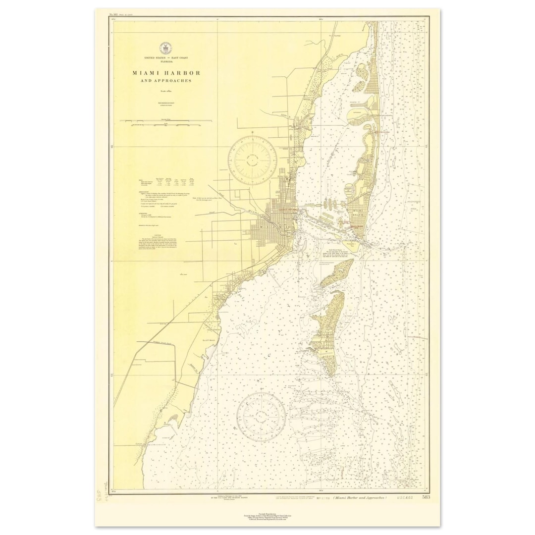 Vintage Nautical Chart of Miami Harbor and Approaches (florida, Ca ...