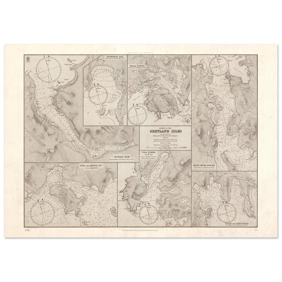 1895 Antique Map of Shetland Ports (blue Mull Sound, Ronas Voe & Vaila ...