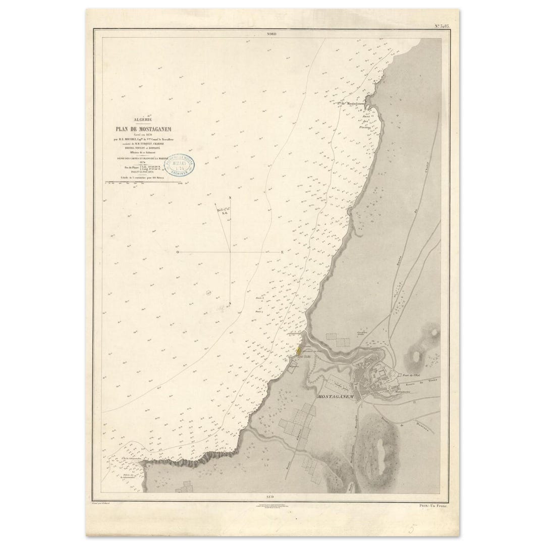 1874 Antique Map of Mostaganem & Algeria Coast – French Nautical Chart ...