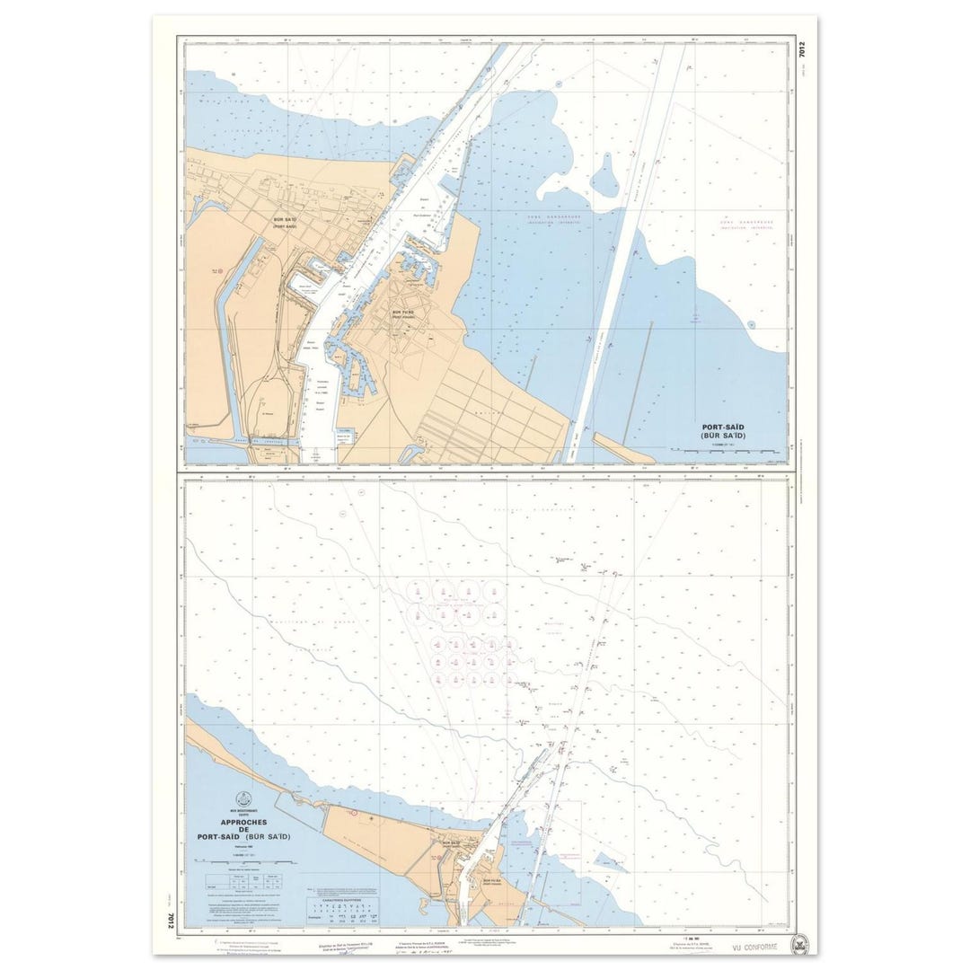 1950s Vintage Map Port Said – Suez Canal Entrance – Color Nautical ...