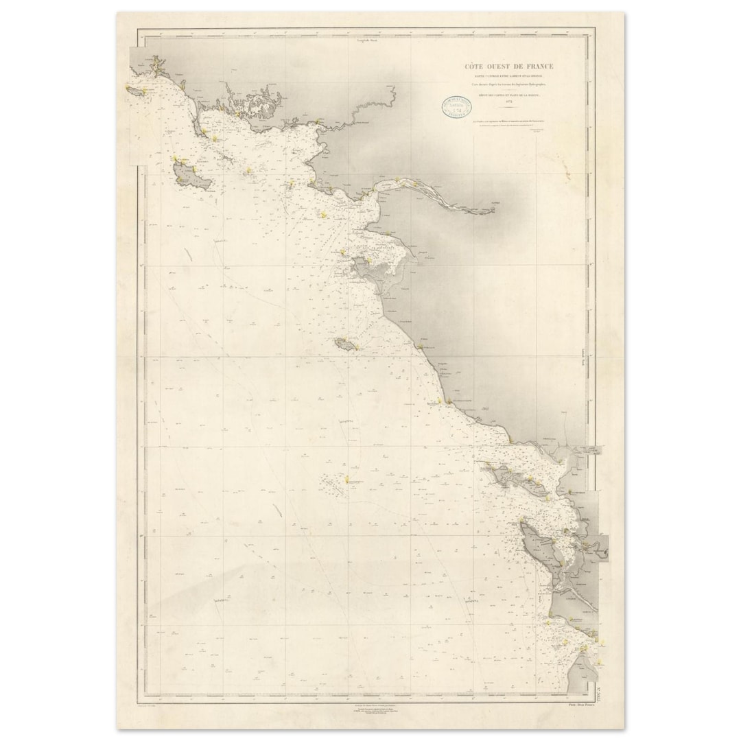 1872 Vendée Coast Nautical Chart, Antique Map Print, French Atlantic ...