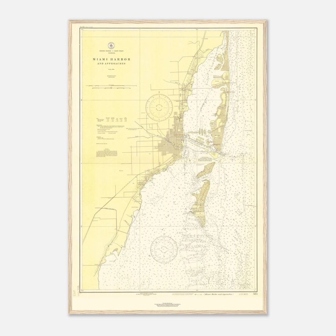 Vintage Nautical Chart of Miami Harbor and Approaches (florida, Ca ...