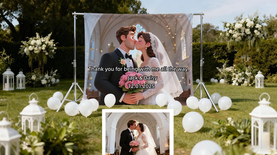 Custom Pixar Wedding Backdrop – Personalized 3D Cartoon Couple Portrait ...