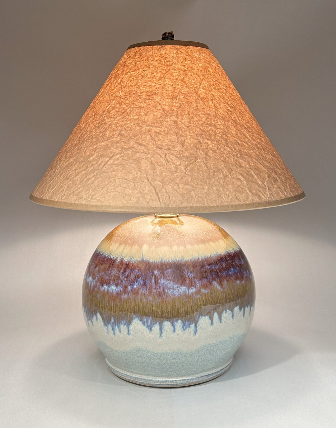 Handmade Pottery Lamp With Beautiful Glaze, Wrinkled Paper Shade, and ...