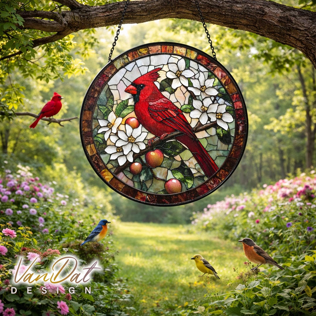 Red Cardinal Stained Glass Suncatcher, Bird Window Hanging, Red ...