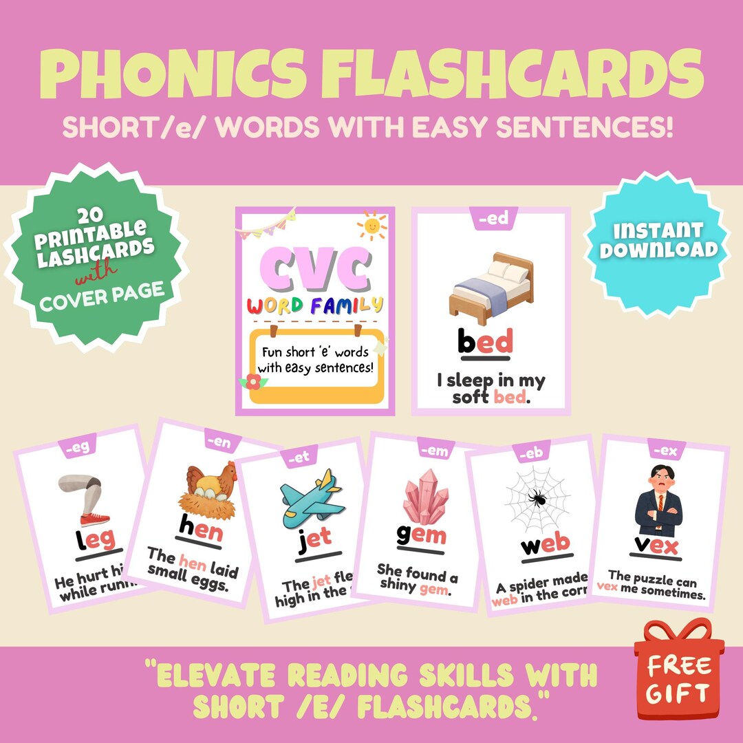 Short E CVC Word Family Flashcards | Phonics Early Reader (PDF) - Etsy