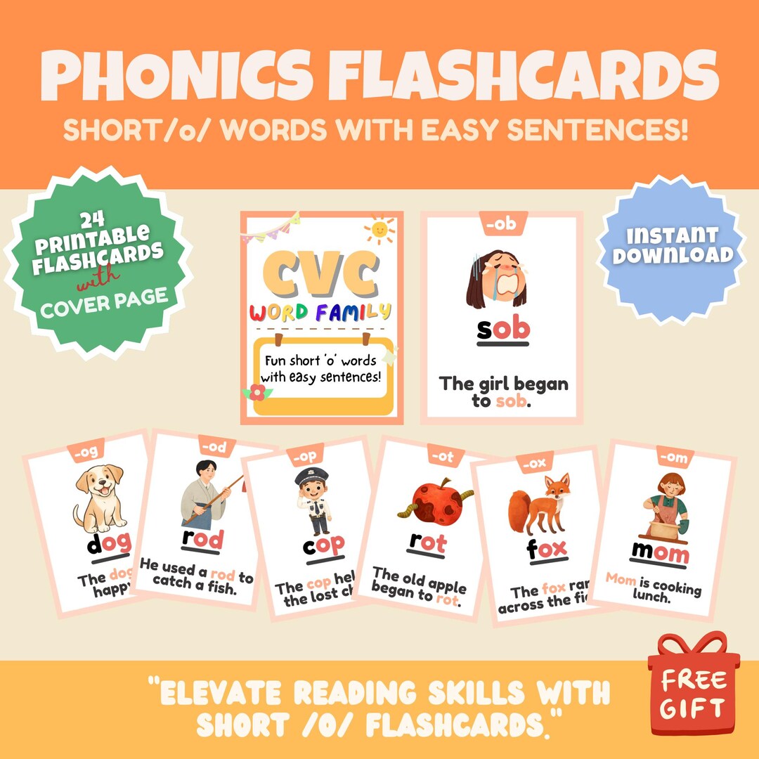 Short O CVC Word Family Flashcards | Phonics Early Reader (PDF) - Etsy