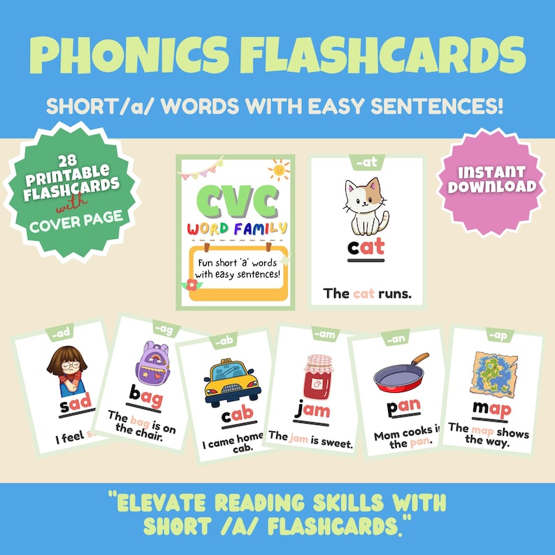 Short A CVC Words Phonics Flashcards | Early Reading (PDF) - Etsy