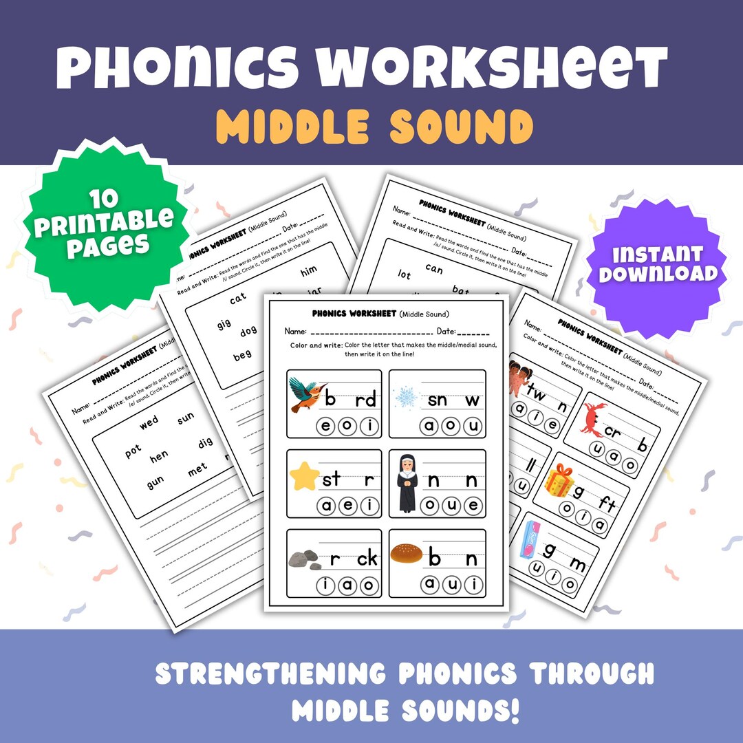 Middle Sounds Worksheets | Preschool-1st Grade Phonics and Literacy ...